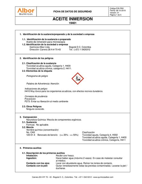 FDS Aceite de Inmersión 2019 FICHA DE DATOS DE SEGURIDAD Fecha 08 10