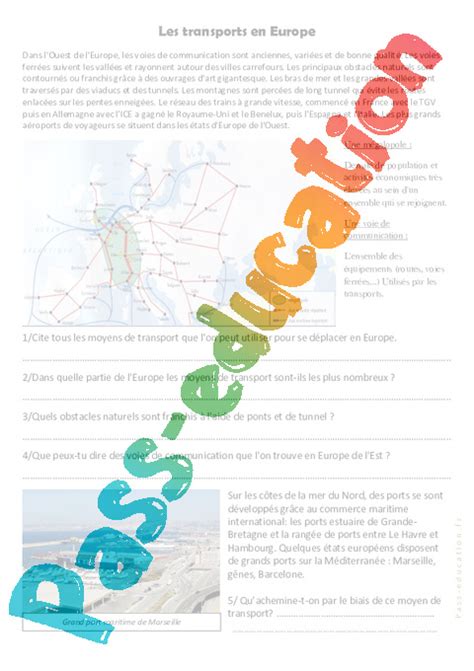 Les transports en Europe cm1 cm2 Exercices géographie cycle 3 PDF
