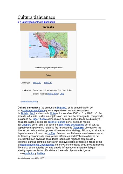 Cultura tiahuanaco del peru Cultura tiahuanaco Ir a la navegación Ir