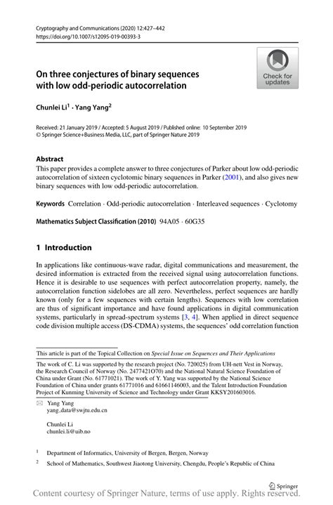 on three conjectures of binary sequences with low odd periodic autocorrelation request pdf