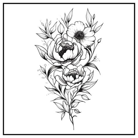 Flores e folhas vetoriais esboçam buquê de flores e plantas desenhadas