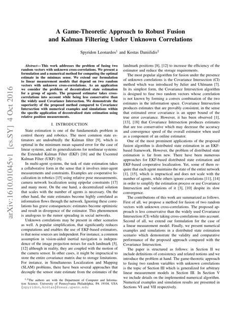 pdf a game theoretic approach to robust fusion and kalman filtering under unknown correlations