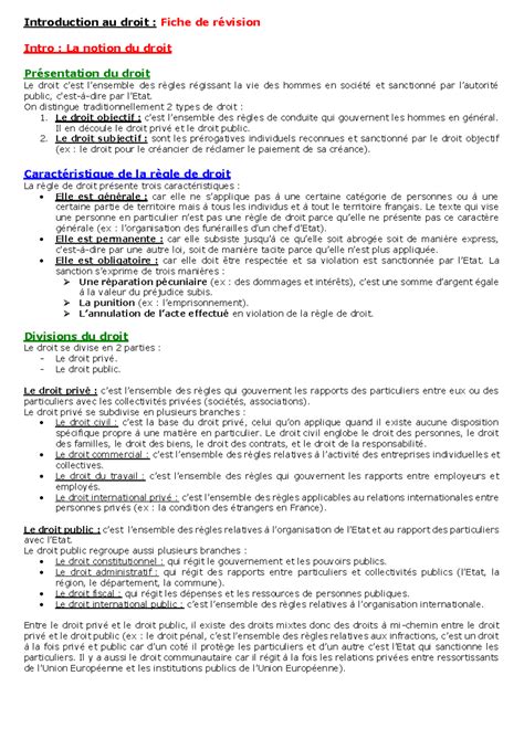 Fiche DE RÉ Vision Introduction EN Droit Introduction au droit