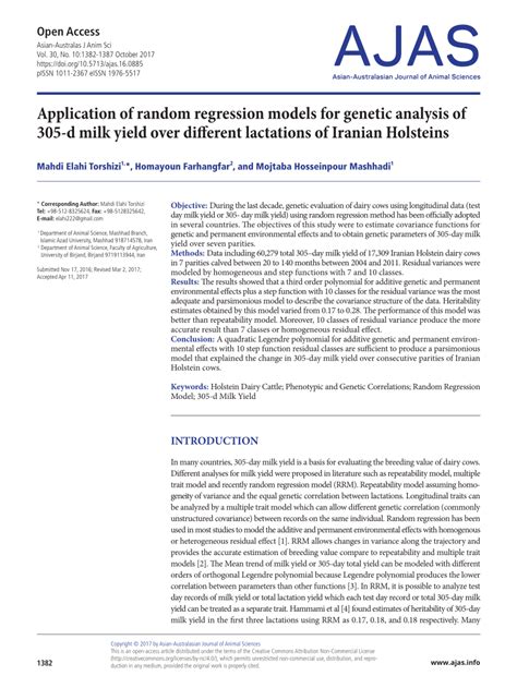 pdf application of random regression models for genetic analysis of 305 d milk yield over