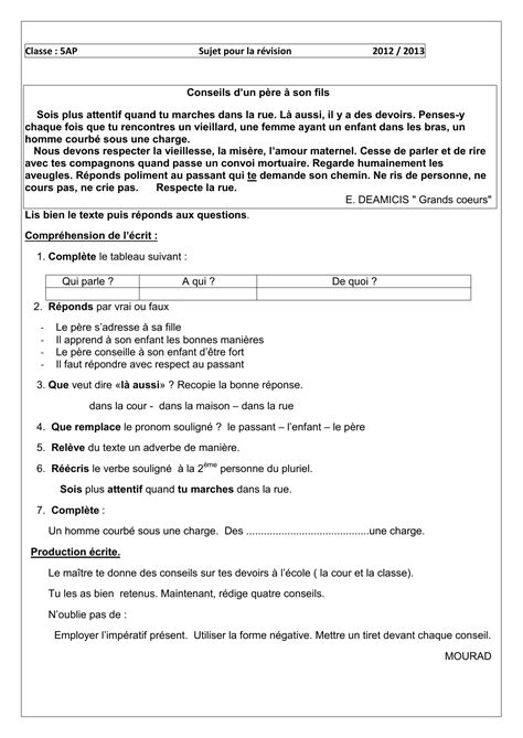 Classe 5AP Sujet pour la révision 2012 2013 Conseils d un père à