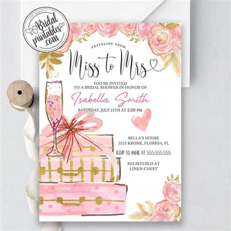 Gold And Pink Floral Traveling From Miss To Mrs Bridal Shower Invite