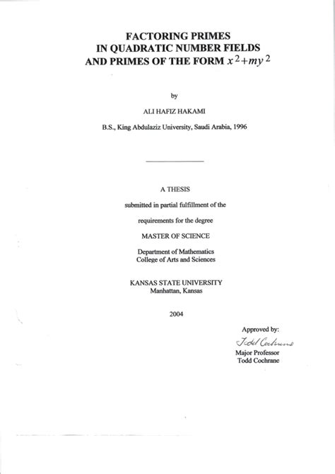 pdf ms thesis factoring primes in quadratic number fields and primes of the form x2 my2