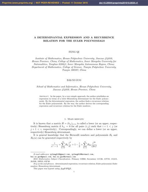 pdf a determinantal expression and a recurrence relation for the euler polynomials