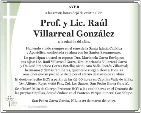 Profr y Lic Raúl Villarreal González Obituario Esquela