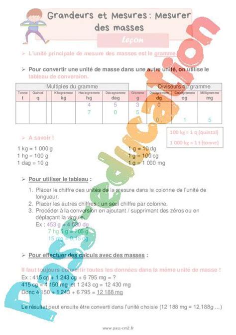 Mesurer des masses Leçon de grandeurs et mesures pour le cm2 PDF