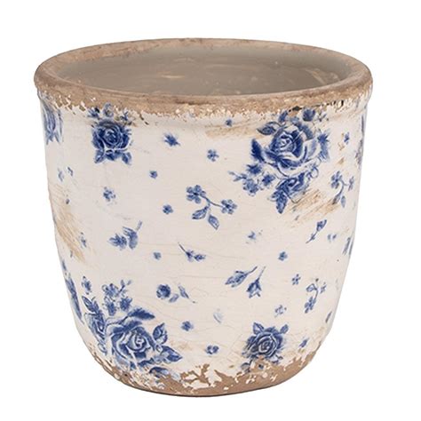 Clayre Eef Bloempot Ø 11x10 cm Beige Blauw Keramiek Roosjes kopen