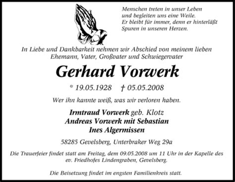 Traueranzeigen Von Gerhard Vorwerk Trauer In NRW De
