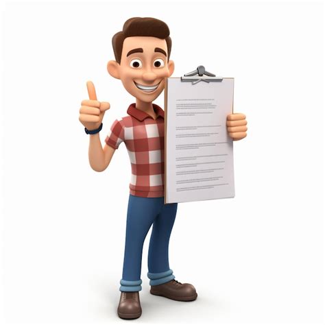 Hombre de dibujos animados en 3d apuntando a una lista de verificación