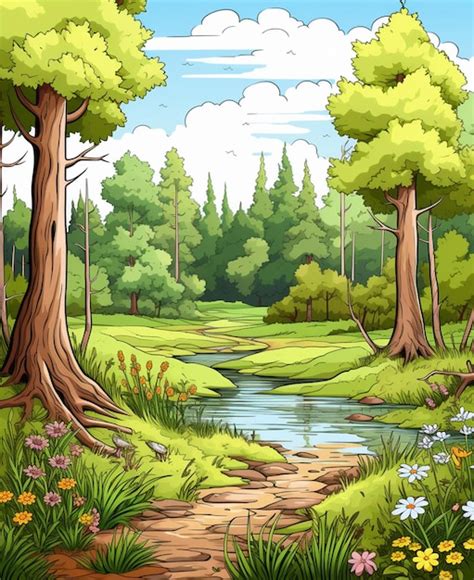 Una ilustración de dibujos animados de un hermoso bosque con un río y