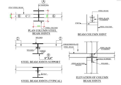 Plan Column Steel Beam Support Joints Detail Cadbull