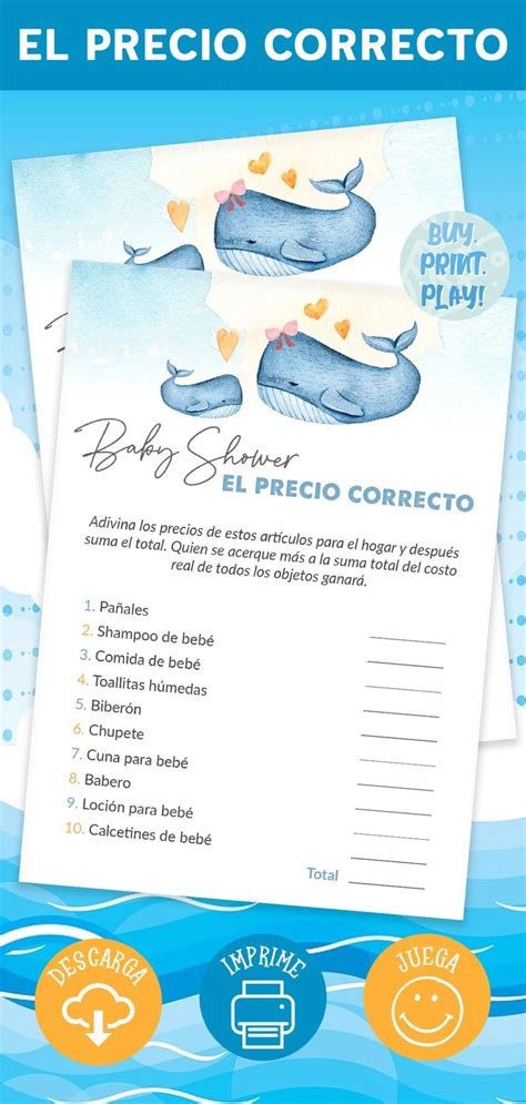 Juegos Baby Shower para niño Pack de Imprimibles de Ballena en español