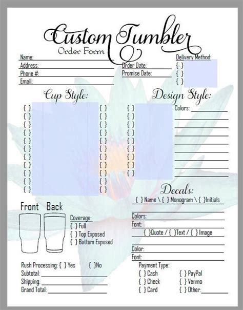 Printable Free Tumbler Order Form Template