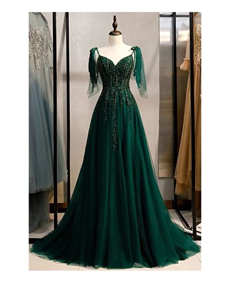 Dark Green Flowy Tulle Prom Dress With Train Appliques Myx