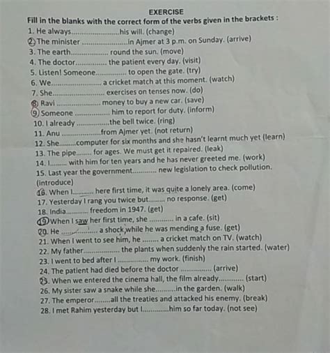 Exercise Fill In The Blanks With The Correct Form Of The Verbs Given In T