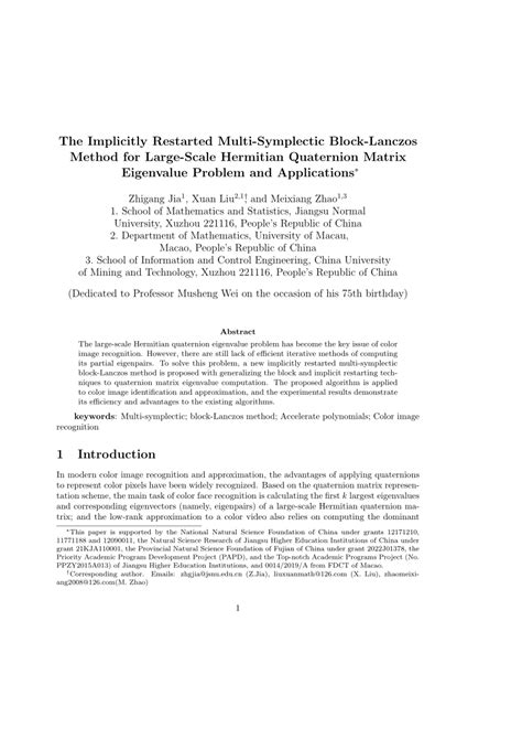 pdf the implicitly restarted multi symplectic block lanczos method for large scale hermitian