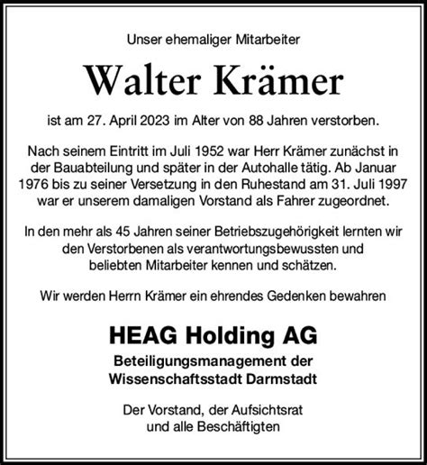 Traueranzeigen von Walter Krämer vrm trauer de