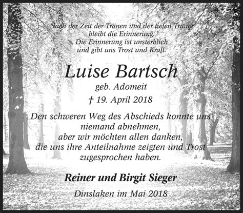 Traueranzeigen Von Luise Bartsch Trauer In NRW De
