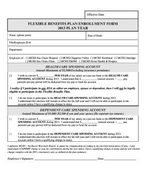 Fillable Online Flexible Benefits Plan Enrollment Form 2013 Plan Year