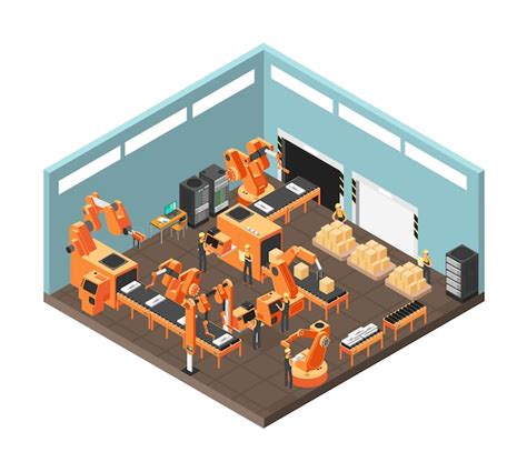 Premium Vector Isometric Factory Workshop With Conveyor Line Workers