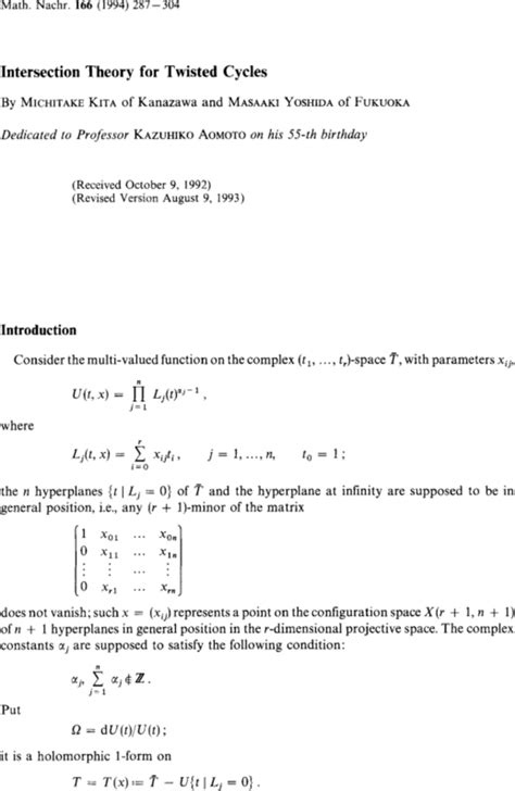 intersection theory for twisted cycles kita 1994 mathematische nachrichten wiley online