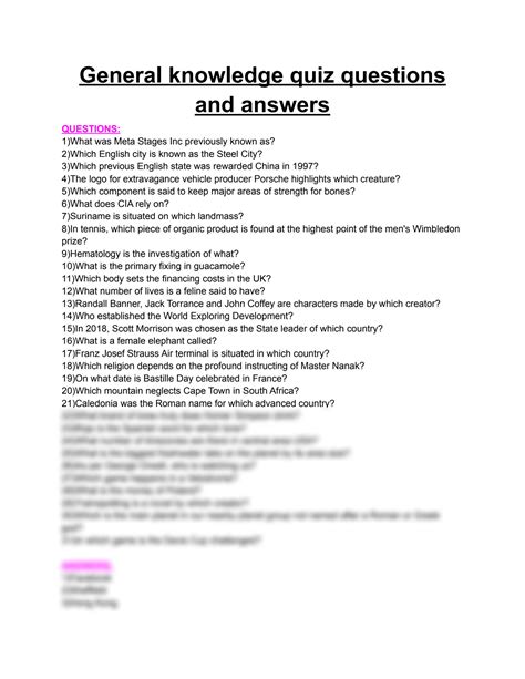 SOLUTION General Knowledge Quiz Questions And Answers Studypool