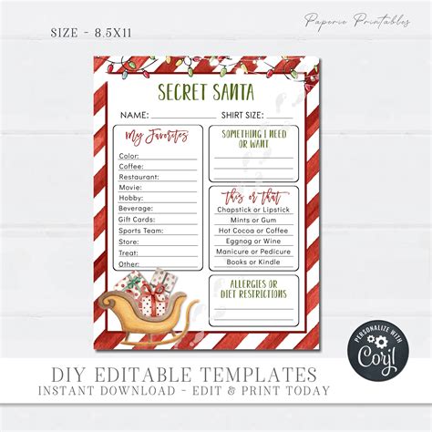 Editable Secret Santa Questionnaire Printable Christmas Etsy