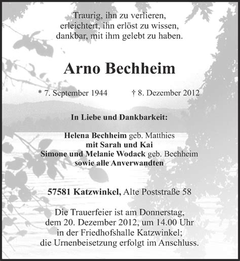Traueranzeigen Von Arno Bechheim Rz Trauer De
