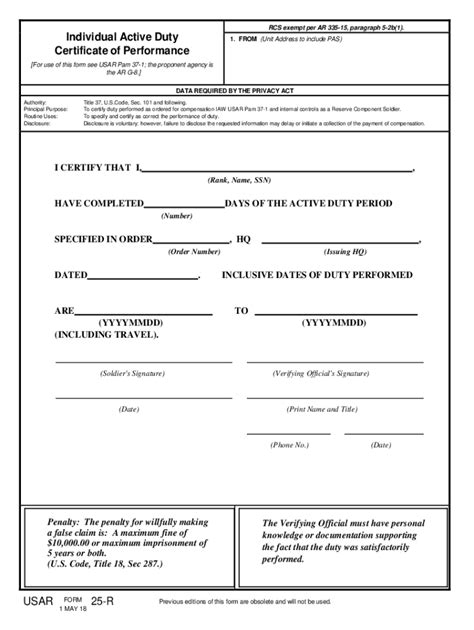 Fillable Online Usar Army MilPortals98USAR Form 25 R Indivdual