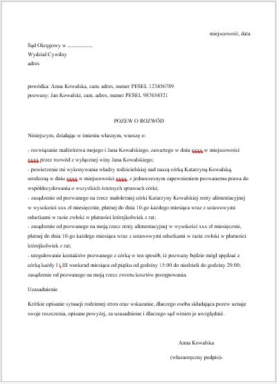 Pozew o rozwód z orzekaniem o winie Wzór 2020 Rodzice pl ciąża