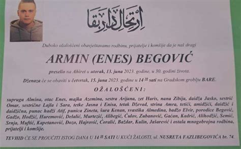 Poznat termin dženaze Arminu Begoviću sinu Enesa Begovića