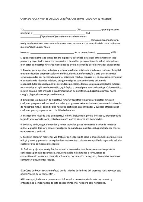 Carta DE Poder PARA EL Cuidado DE Niños CARTA DE PODER PARA EL