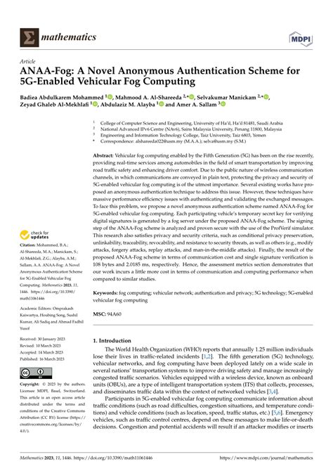 pdf anaa fog a novel anonymous authentication scheme for 5g enabled vehicular fog computing