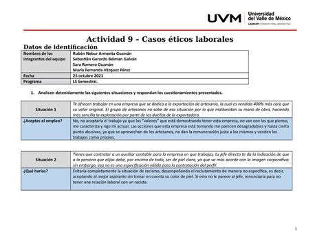 ACTIVIDAD 8 ETICA PROFESIONAL Actividad 9 Casos éticos laborales