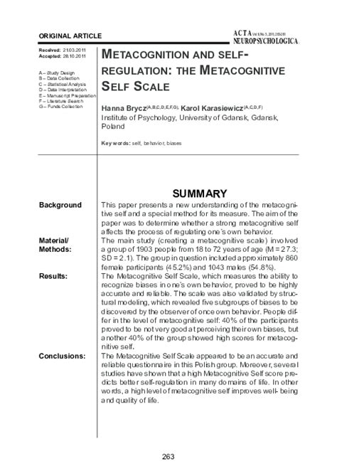 pdf metacognition and self regulation the metacognition self scale hanna brycz