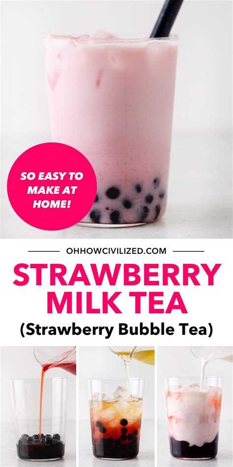 Homemade Strawberry Milk Tea Strawberry Bubble Tea Iced Tea Recipes