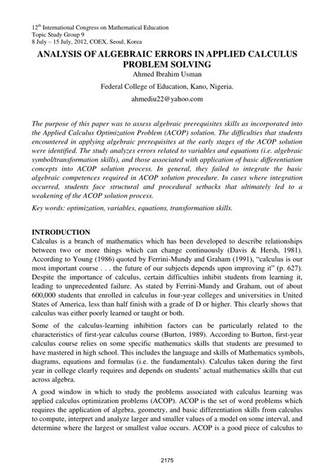 pdf analysis of algebraic errors in applied calculus problem solving