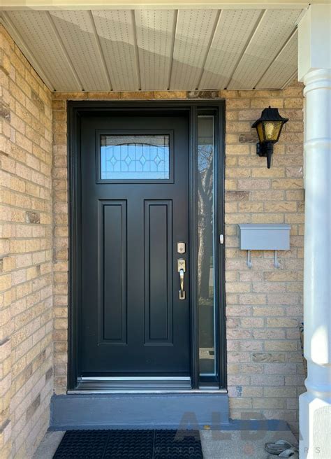 Black Front Door With Glass Insert And Sidelight Steel Door