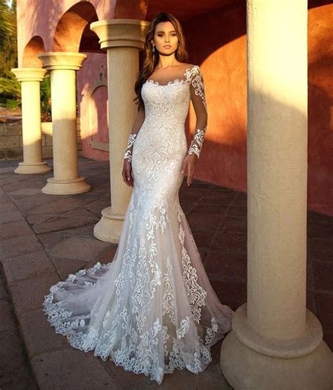 Robe De Mariée Sirène Manche Longue Illusion Blanche Soirée Blanche