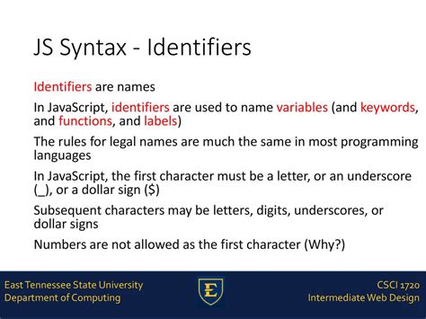 CSCI 1720 JavaScript Part 1 East Tennessee State University