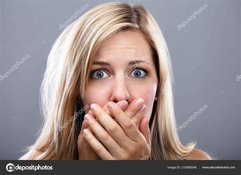 Shocked Woman Hand Mouth Grey Background Stock Photo By AndreyPopov