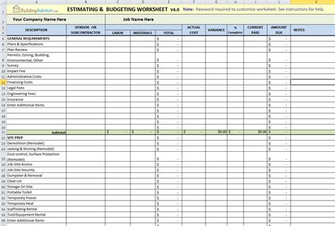 Remodeling Budget Spreadsheet Excel With With Residential Construction