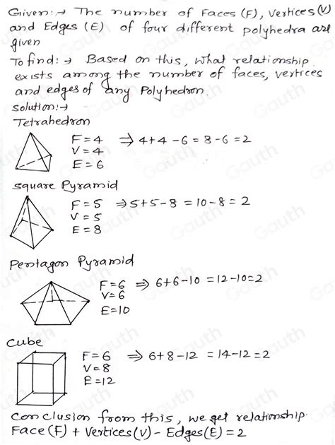 solved 21 the number of faces f vertices v and edges e of four different polyhedra are