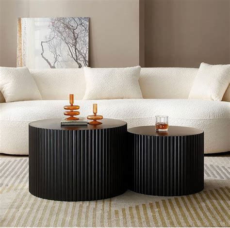 Kevinplus Black Round Nesting Coffee Table Set Of 2 Modern Drum Side