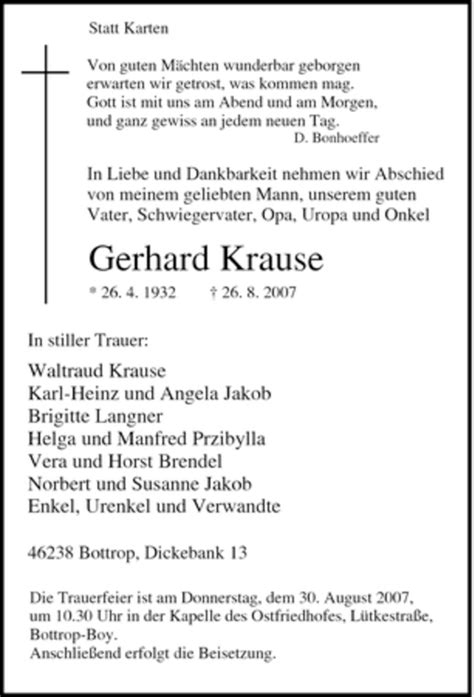 Traueranzeigen Von Gerhard Krause Trauer In NRW De