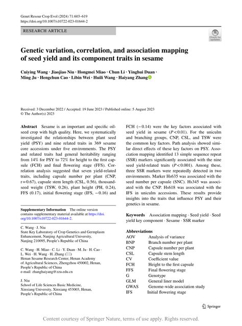 pdf genetic variation correlation and association mapping of seed yield and its component